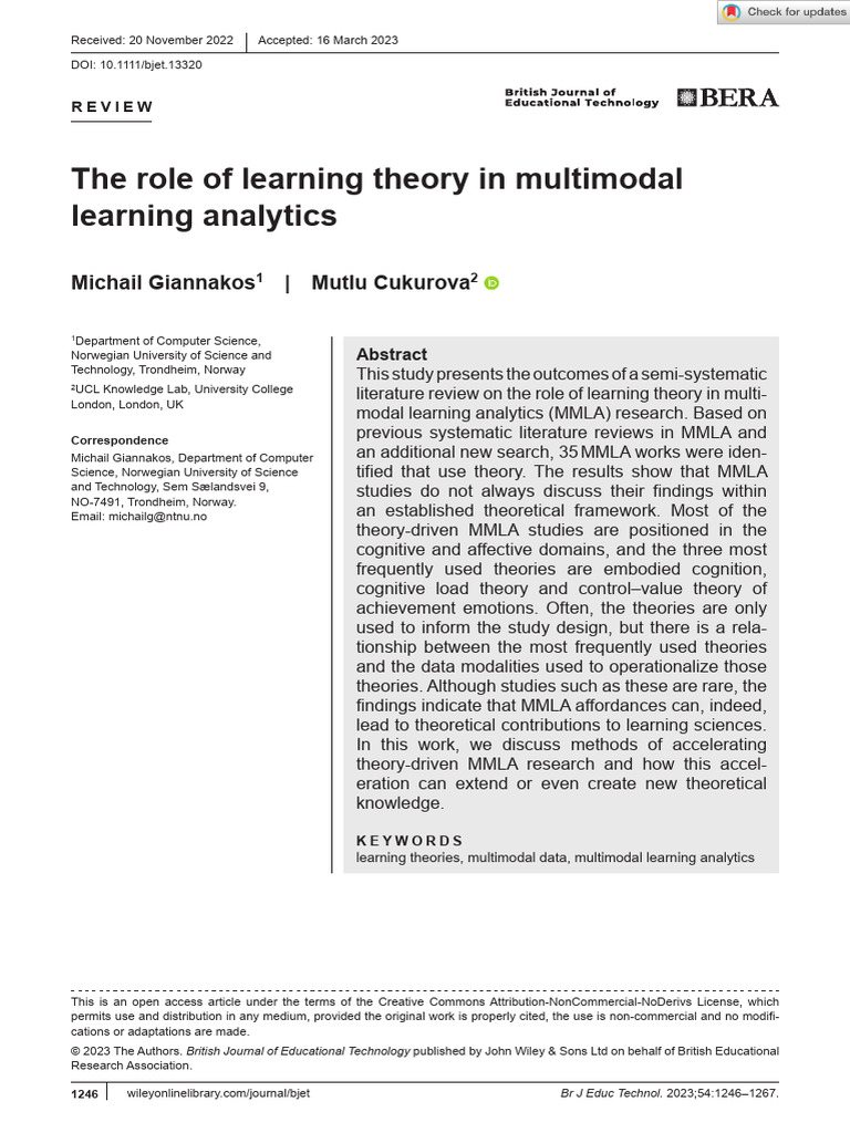 Brit J Educational Tech - 2023 - Giannakos - The Role of Learning Theory in Multimodal Learning ...