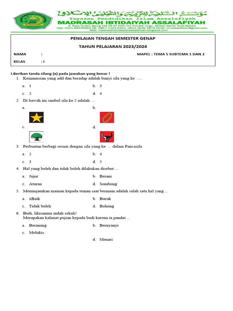 Soal PTS Kelas 1 Tema 5 Subtema 1 Dan 2 - WEBSITE WWW - Kkherysuryawan.id | PDF | Seni