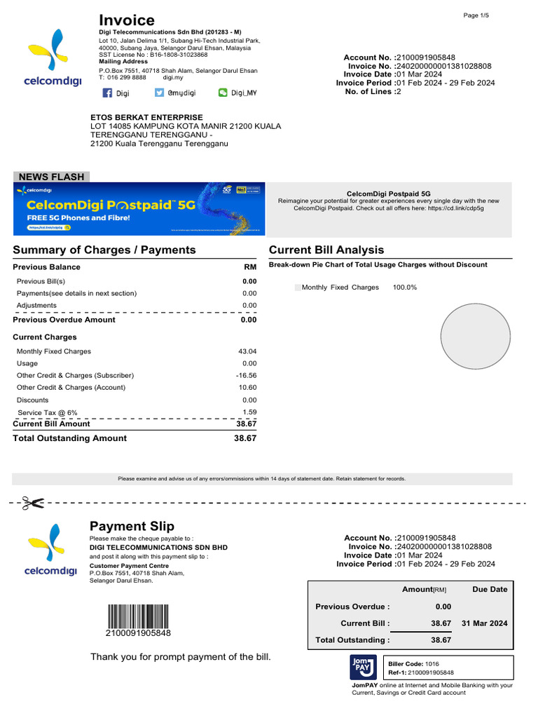 CelcomDigi Postpaid Invoice Summary | PDF | Cheque | Credit Card