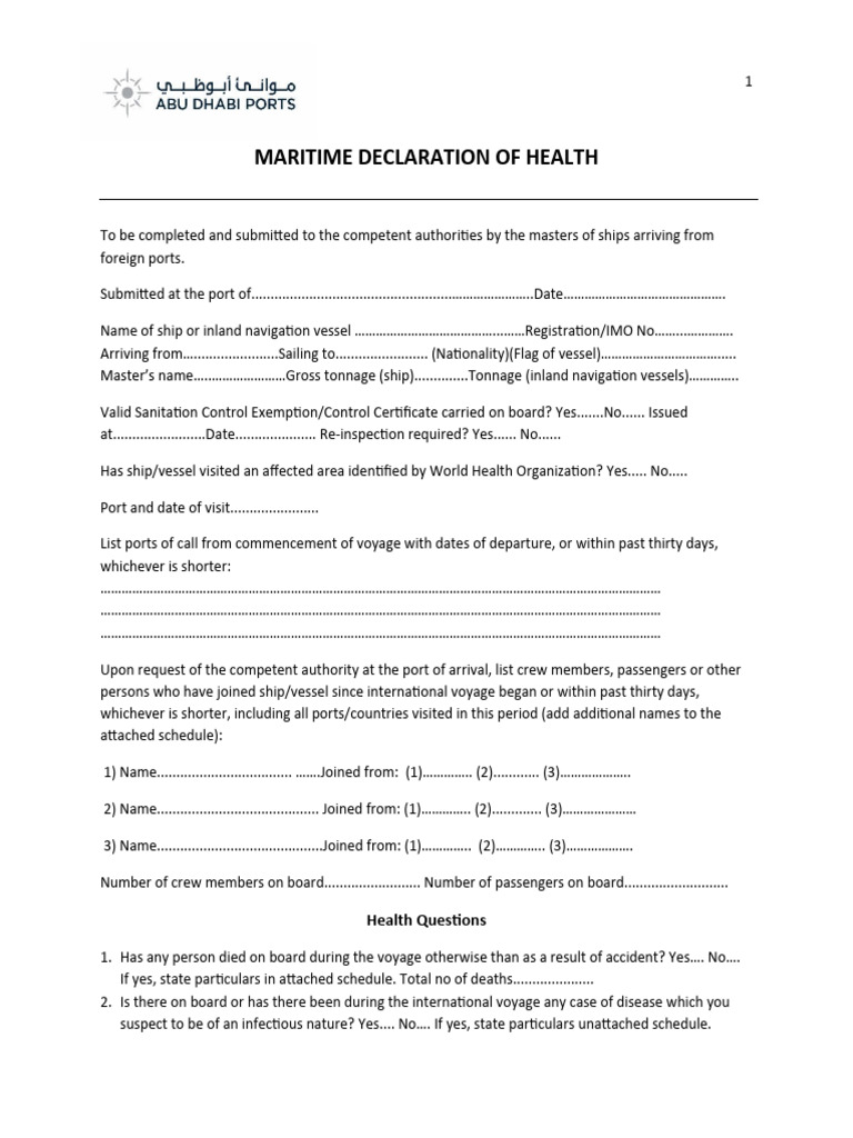 Maritime Health Declaration Form | PDF | Port | Tonnage