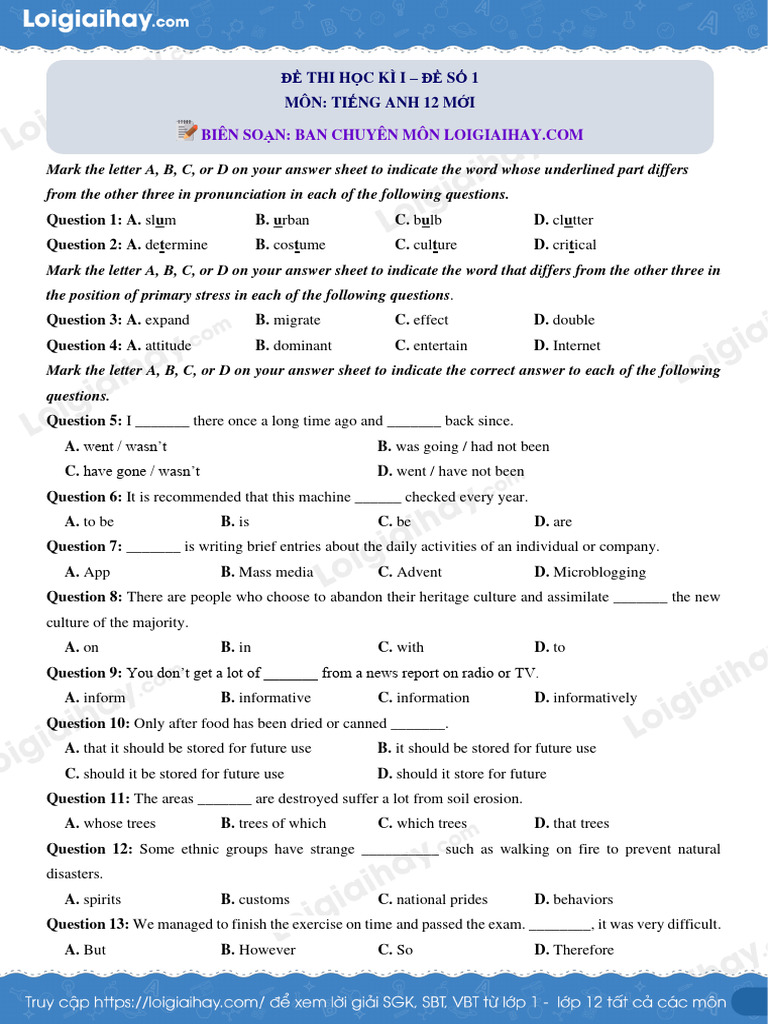 10 de Thi Hoc Ki 1 Tieng Anh 12 Moi Co Dap An Va Loi Giai Chi Tiet 1671789453 | PDF | Question ...
