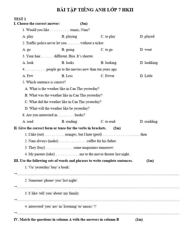 bài tập tiếng anh 7 | PDF