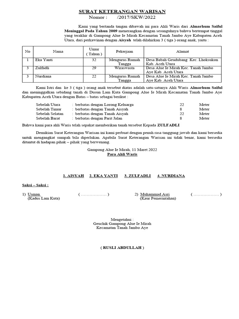 Form Surat Keterangan Warisan | PDF