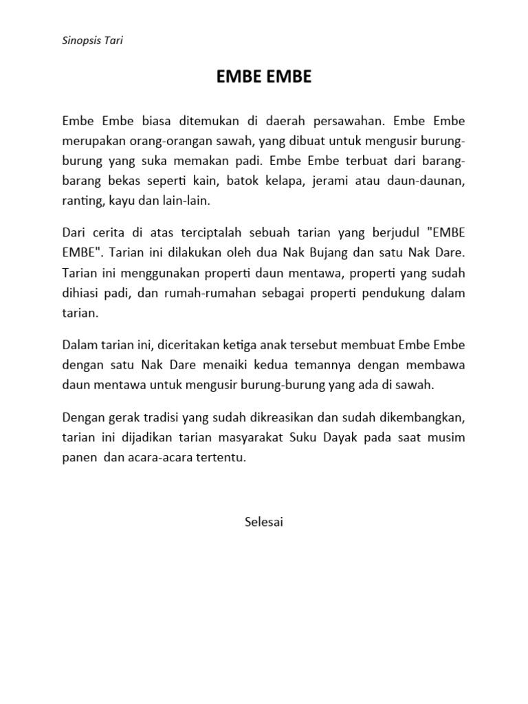 Sinopsis Tari Embe Embe Kreatif | PDF