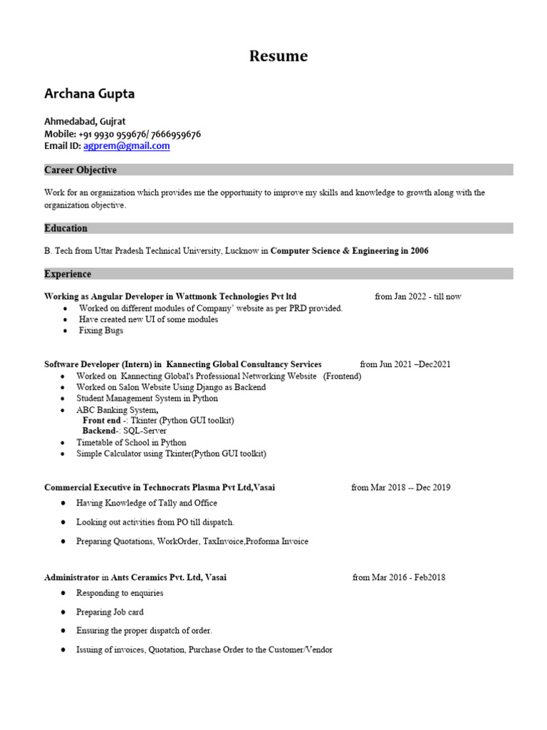 Resume Archana Gupta | PDF | Information Technology | Computing