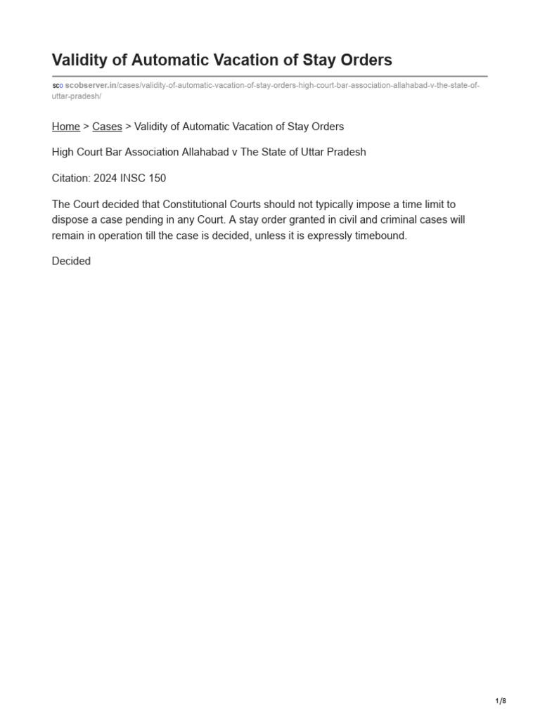 Scobserver - In-Validity of Automatic Vacation of Stay Orders | PDF ...