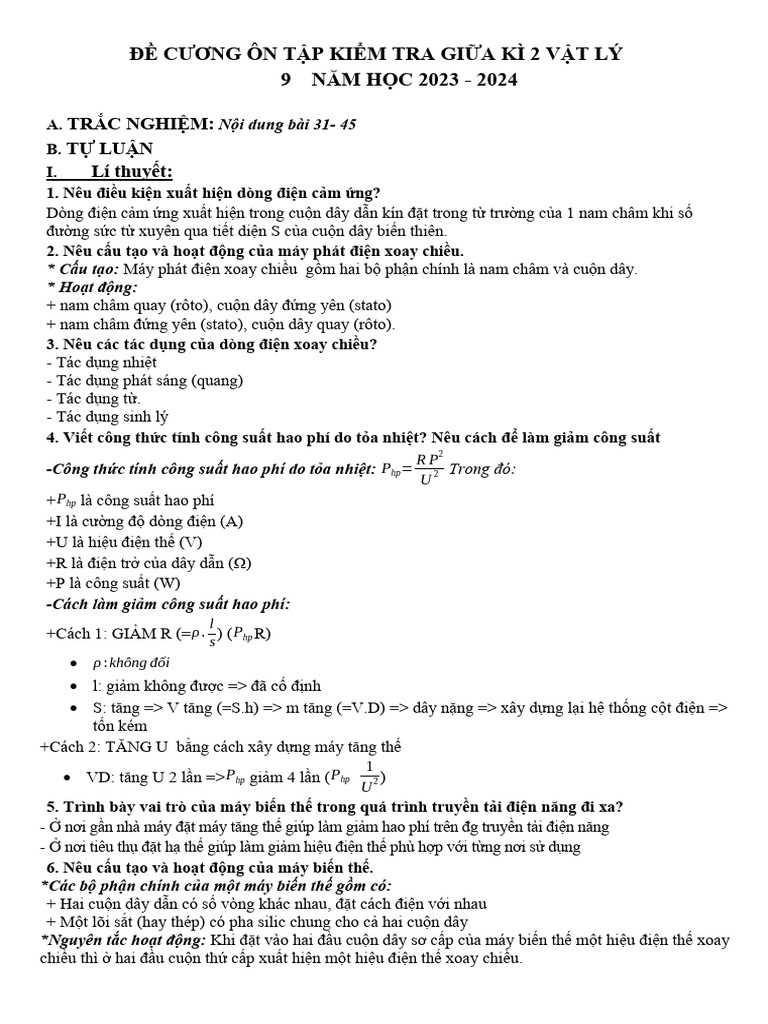 de cuong kiểm tra giua hoc ki 2 lí 9 năm học 2023 2024 1 | PDF