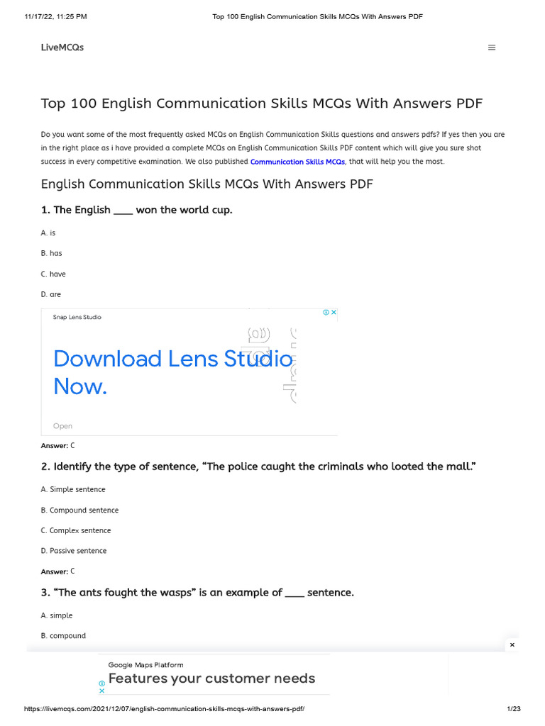Top 100 English Communication Skills MCQs With Answers PDF | PDF | Verb | Communication