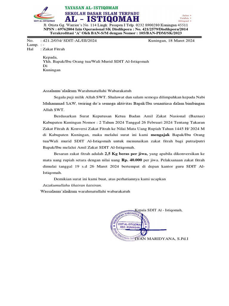Zakat Fitrah SDIT Al-Istiqomah 2024 | PDF