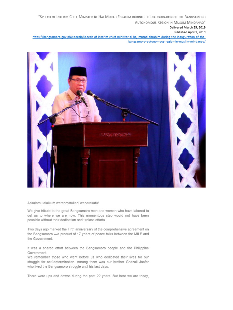 1 - Speech of Interim Chief Minister Al Haj Murad Ebrahim During The Inauguration of The ...