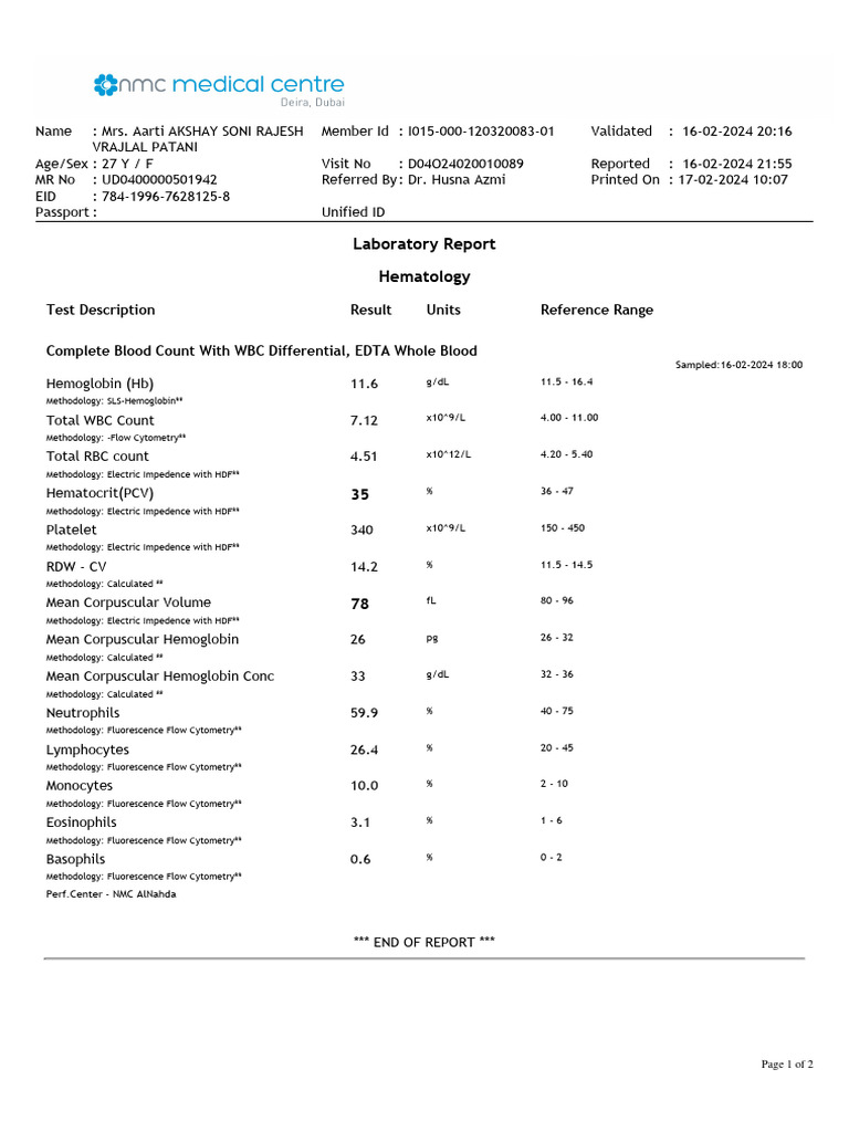 Mrs. Aarti Akshay Soni Rajesh | PDF | Medical Tests | Body Fluids