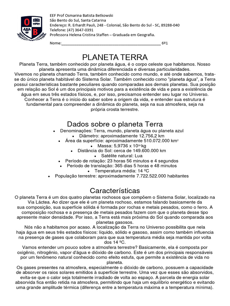 Características do Planeta Terra | PDF | Terra | Planetas