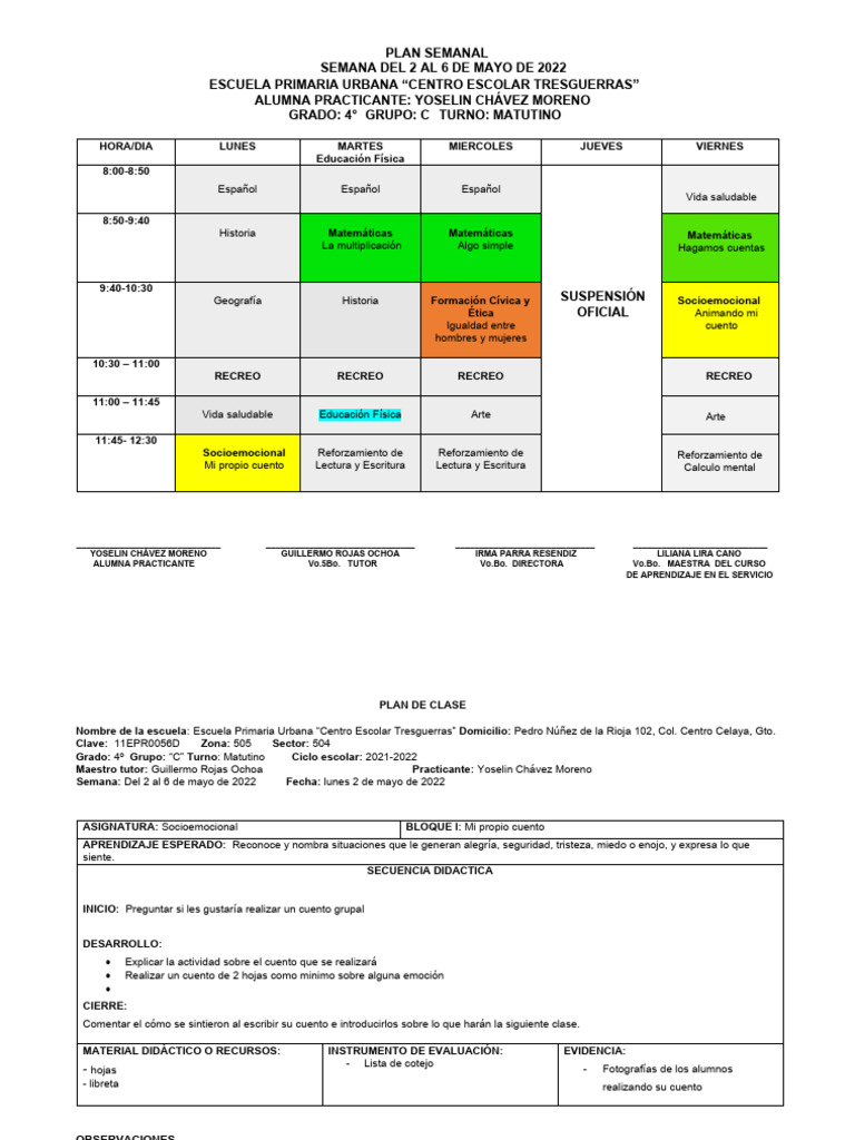 Plan Semanal 4° Grado Primaria | PDF | Educación primaria | Escuelas