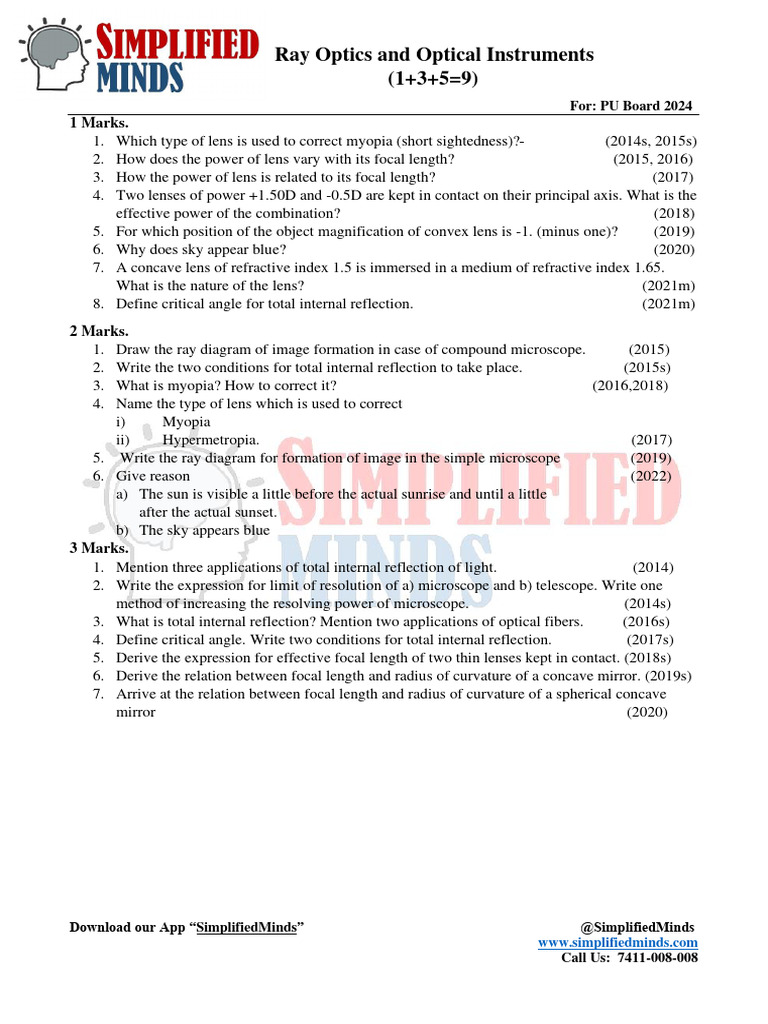 2nd PUC Physics: Ray Optics Questions | PDF | Optics | Refractive Index