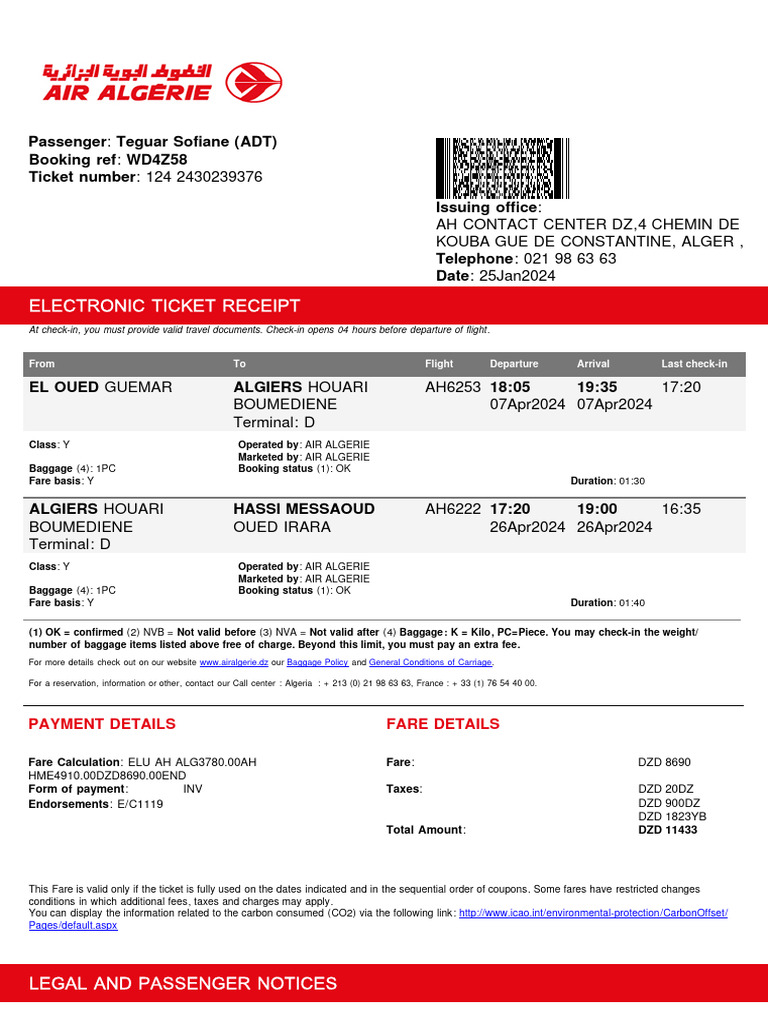 Air Algerie Confirmation SOFIANE TEGUAR WD4Z58 | PDF