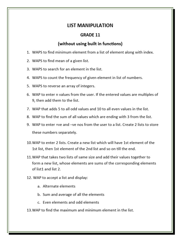 Worksheet 5 - List Manipulation | PDF | Computer Programming | Mathematics Worksheet 5 - List Manipulation | PDF | Computer Programming | Mathematics