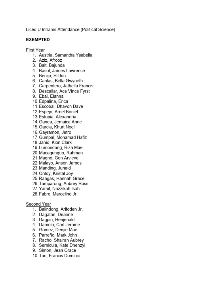 Liceo U Intrams Attendance (Political Science) EXEMPTED | PDF