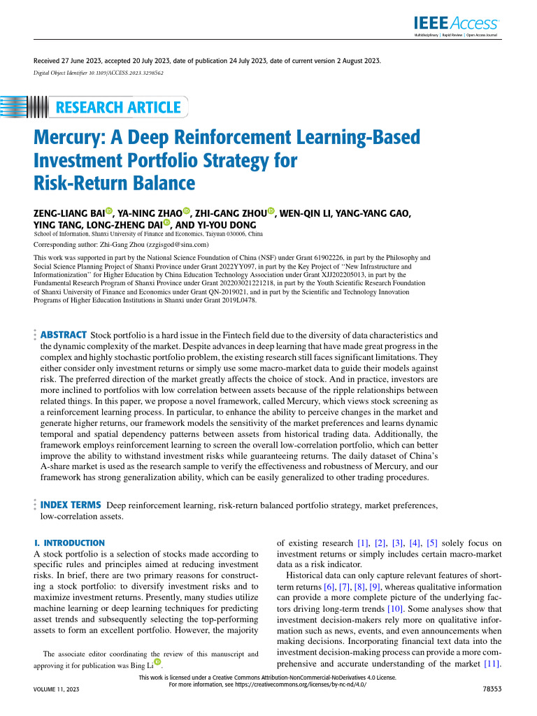 Mercury A Deep Reinforcement Learning-Based Investment Portfolio Strategy For Risk-Return ...