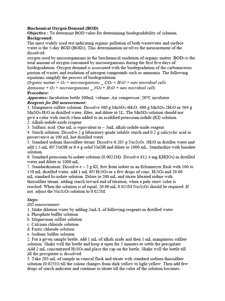 Biochemical Oxygen Demand Protocol | PDF | Titration | Chemistry
