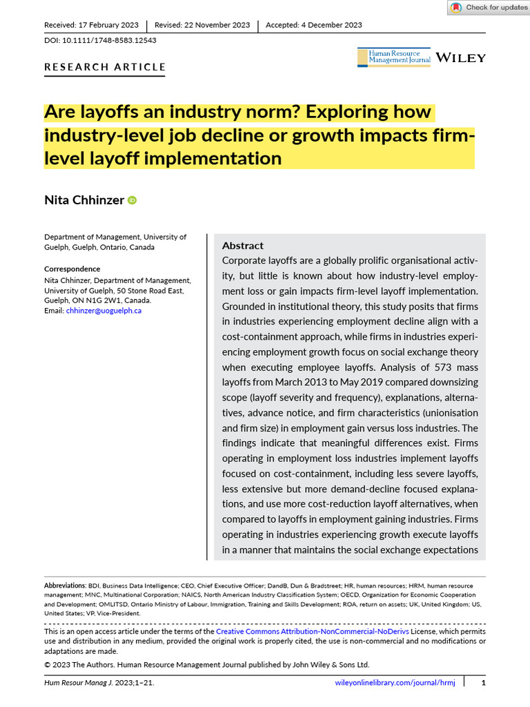 Human Res MGMT Journal - 2023 - Chhinzer - Are Layoffs An Industry Norm Exploring How Industry ...