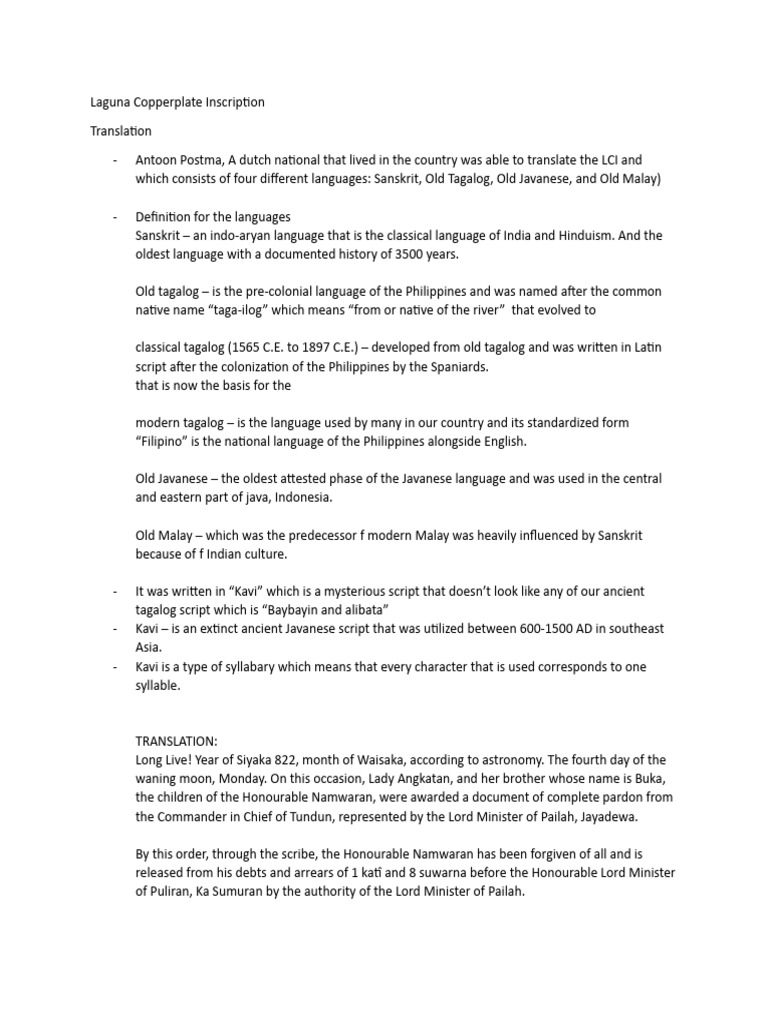 Translation of Laguna Copperplate Inscription | PDF | Tagalog Language ...