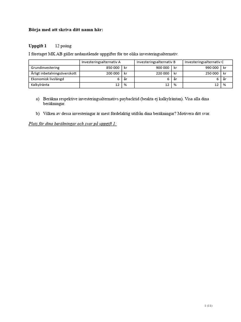 Börja Med Att Skriva Ditt Namn Här:: Uppgift 1 | PDF