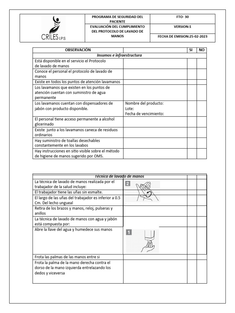 Chequeo Protocolo de Lavado de Manos | PDF | Lavado de manos | Mano