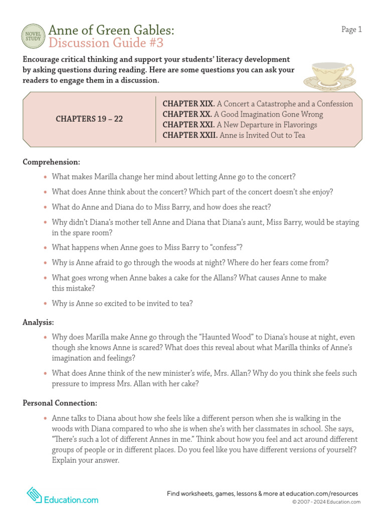 Novel Study Anne of Green Gables Discussion Guide 3 | PDF | Self ...