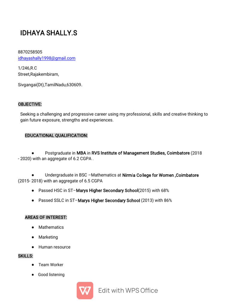 Idhaya Resume | Download Free PDF | Learning