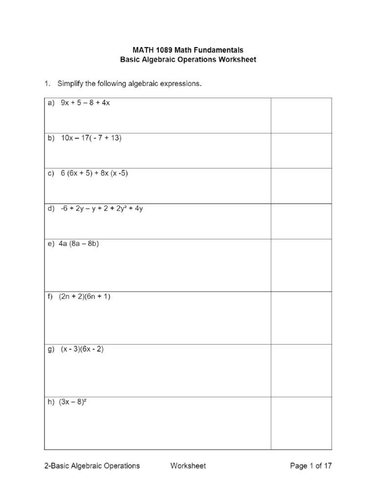 Worksheet - Basic Algebraic Operations - Technical Math Foundations ...