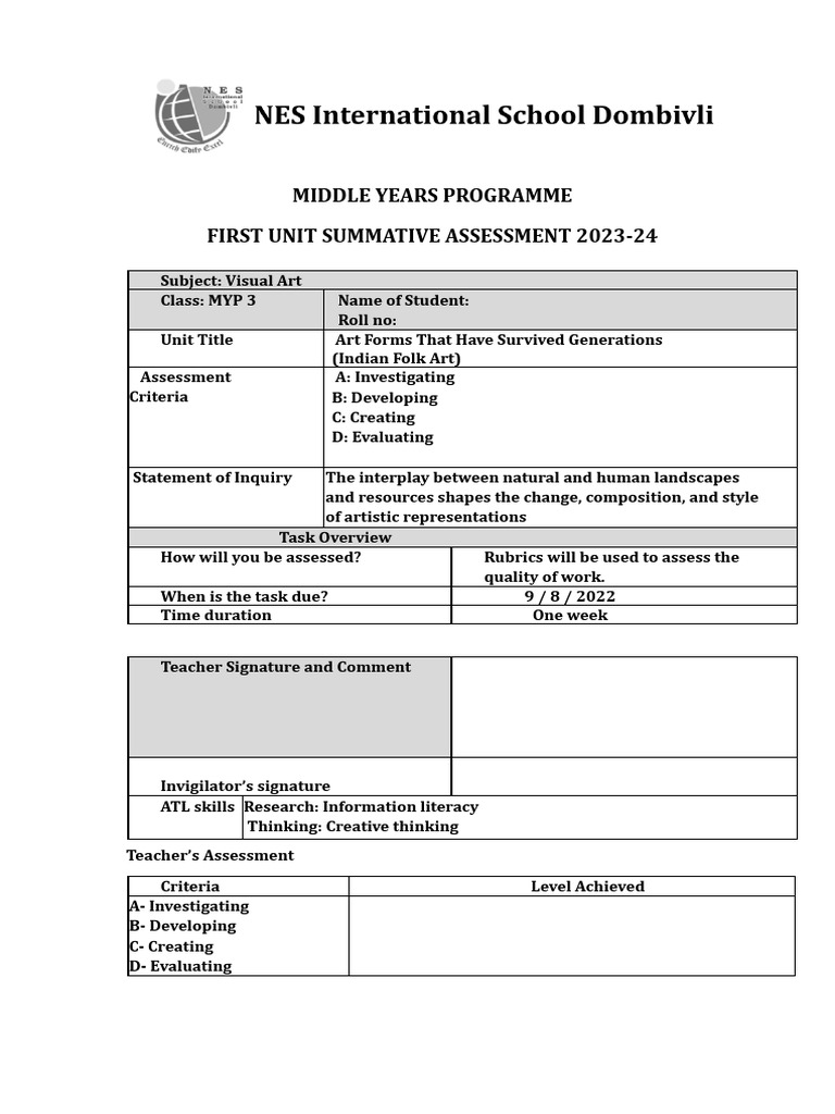 MYP Visual Art Assessment 2023-24 | PDF | Rubric (Academic) | Folk Art