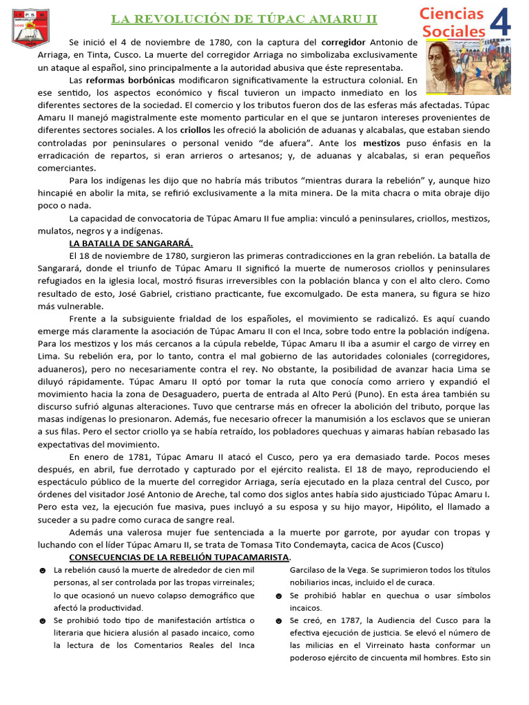 La Rebelión de Túpac Amaru II | PDF | Antiguas colonias españolas ...