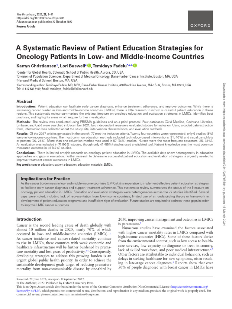 A Systematic Review of Patient Education Strategies For Oncology Patients in Low-And Middle ...