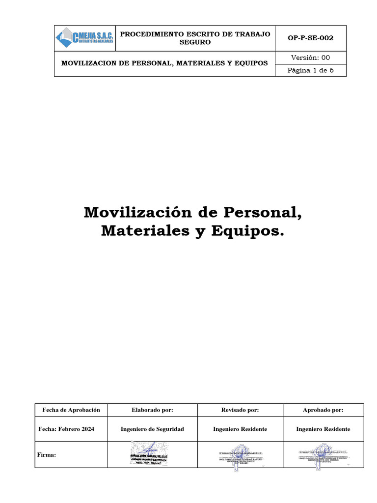 OP-PETS-SE-002-Movilización de, Materiales y Equipos | PDF | Transporte