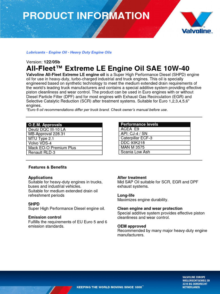 Valvoline All Fleet Superior Le 10w 40 | PDF | Motor Oil | Engineering