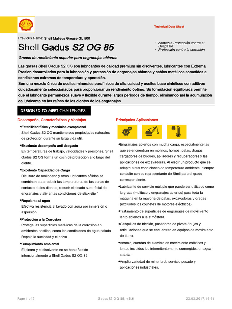 Grasa Shell Gadus S2 OG 85 | PDF | Lubricante | Engranaje