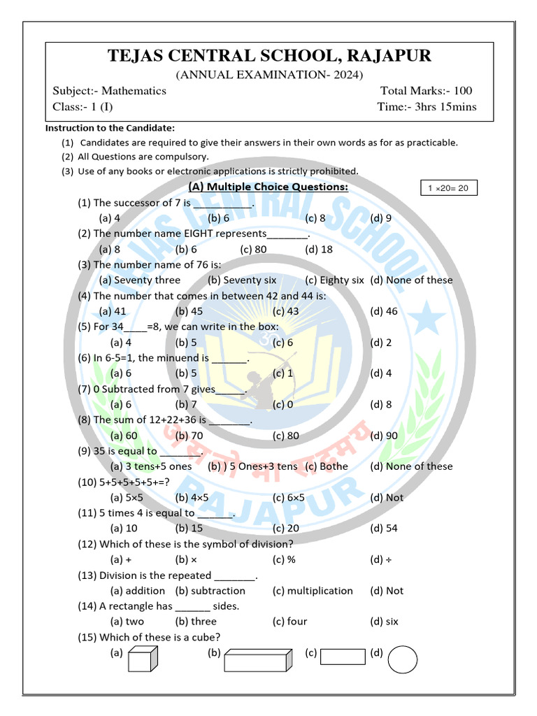 Class 1 Maths Question Paper 2024 | PDF | Subtraction