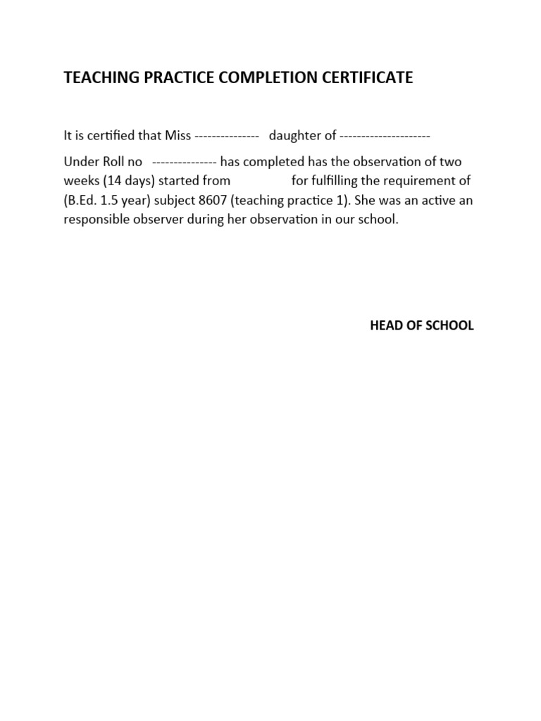 Teaching Practice Completion Certificate Pdf
