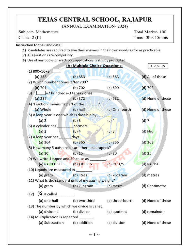 CLASS II (MATHEMATICS) TEJAS QUESTION PAPER 2024 | PDF | Division ...