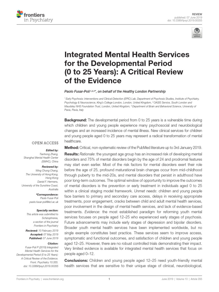 Integrated Mental Health Services For The Developmental Period (0 To 25 ...