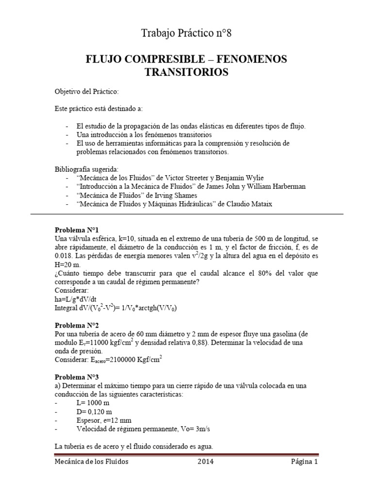Flujo Compresible - Fenomenos Transitorios: Trabajo Práctico N°8 | PDF ...