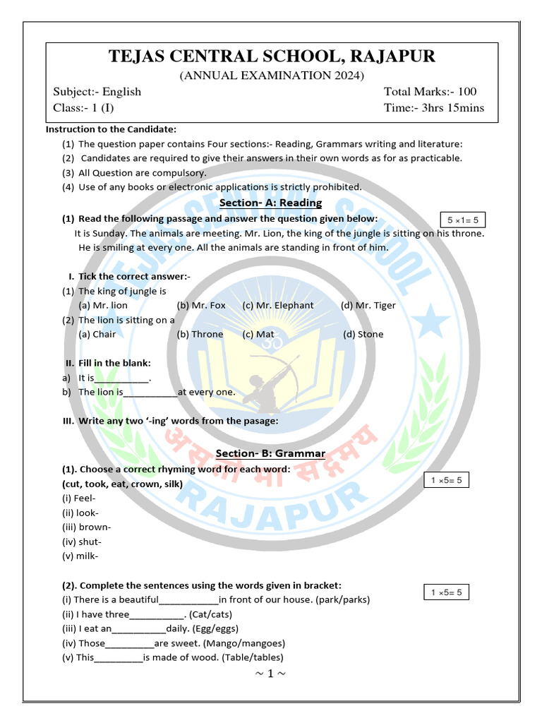 CLASS I (ENGLISH) TEJAS QUESTION PAPER 2024 | PDF