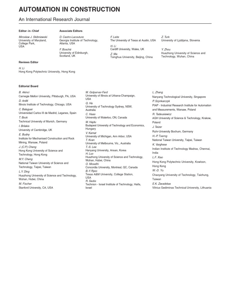 Editorial Board - 2021 - Automation in Construction | PDF | Technology & Engineering