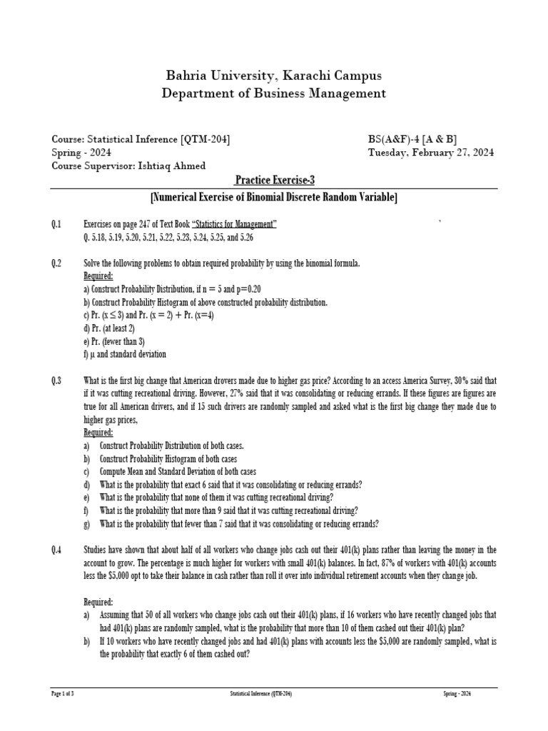 Binomial Probability Exercises | PDF | Probability Distribution | Probability
