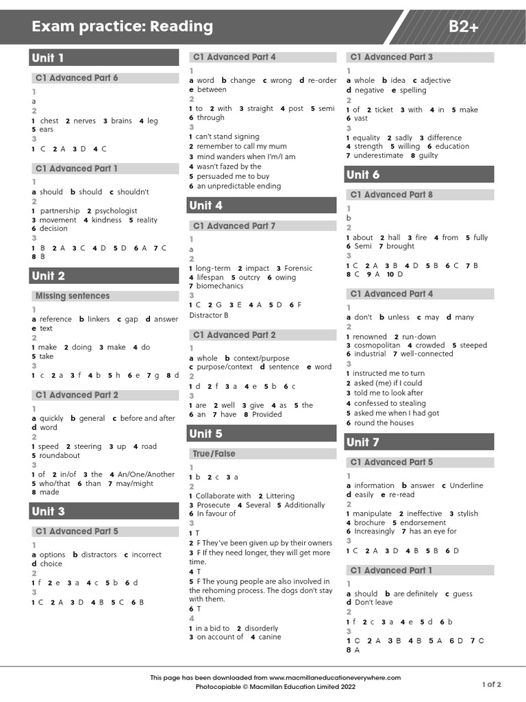 B2PLUS Exam Practice Reading Answer Key | PDF | Psychology