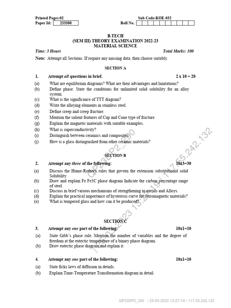 Btech Oe 3 Sem Material Science Koe 032 2023 | PDF | Creep (Deformation) | Ceramics