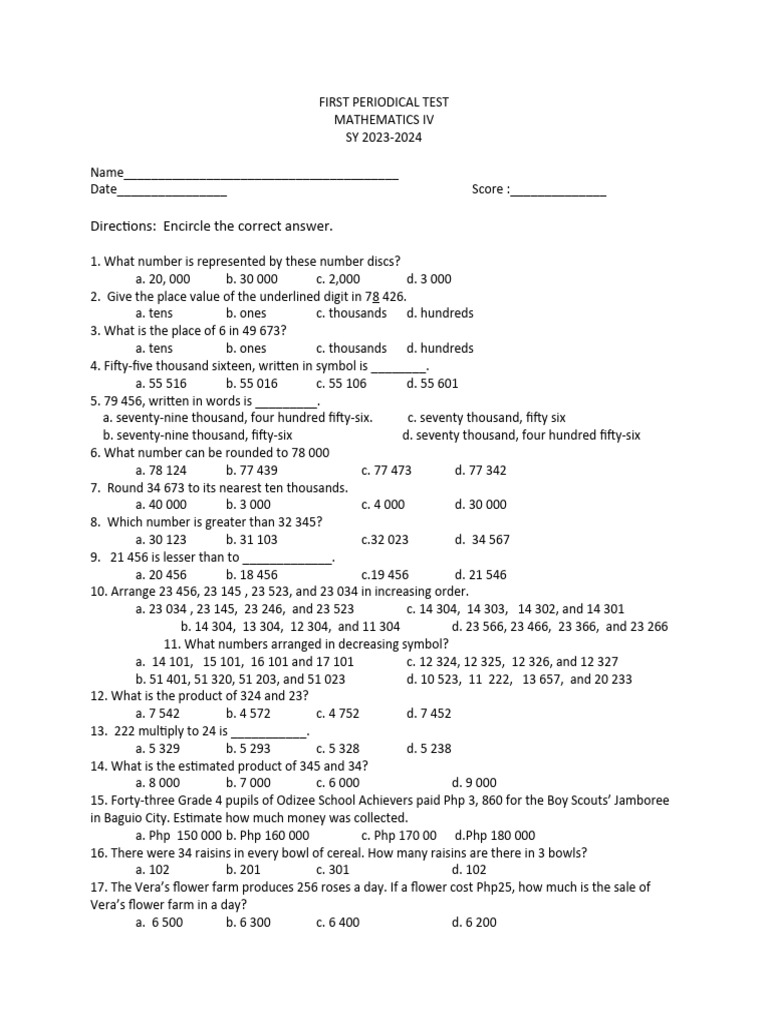 FIRST PERIODICAL TEST-Math 4 | PDF