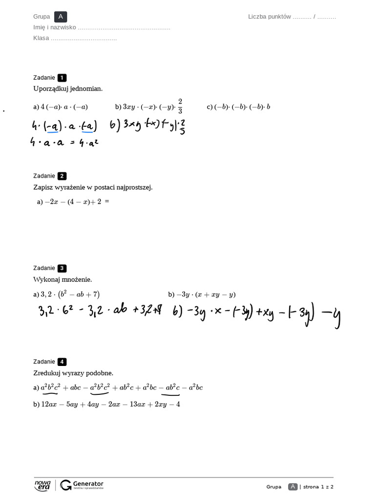 Sprawdzian - Wyraå Enia Algebraiczne Kl. VII | PDF