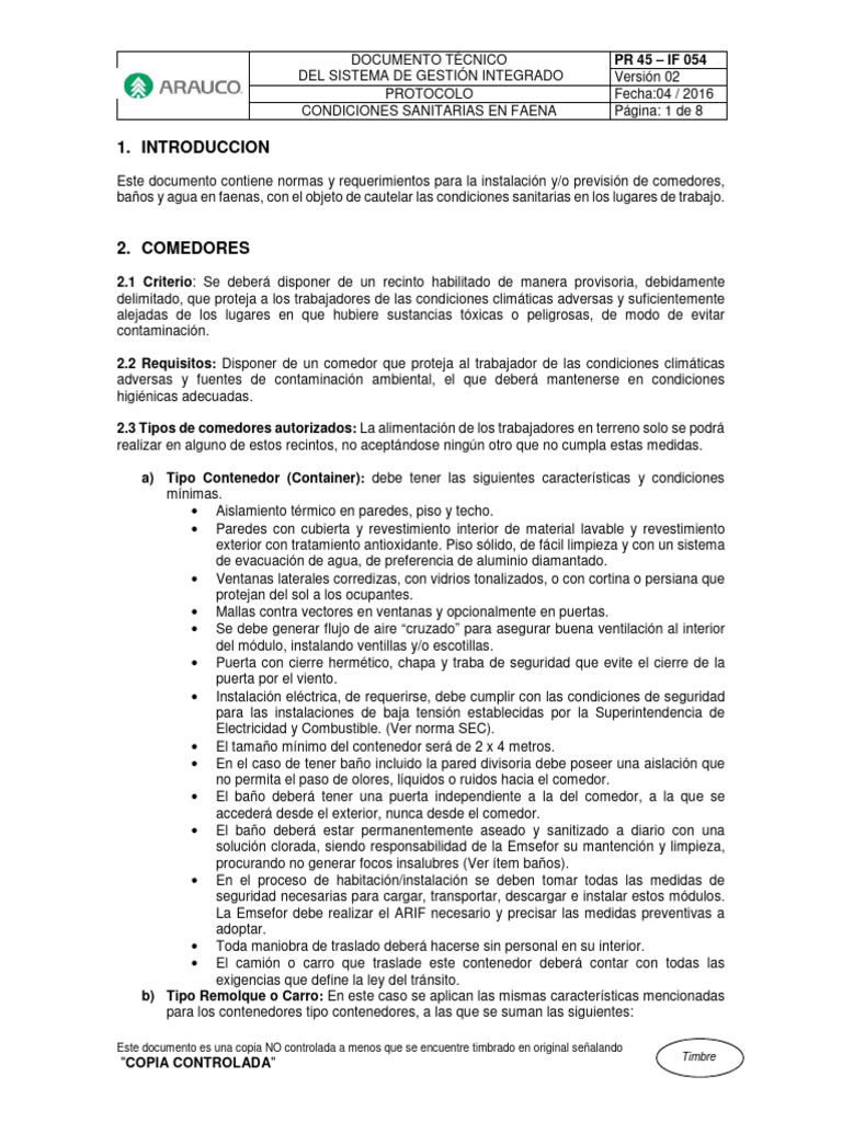 PR-045-IF 054 - 02 - PR 045 - IF 054 Protocolo Condiciones Sanitarias en Faenas V2 032016 ...