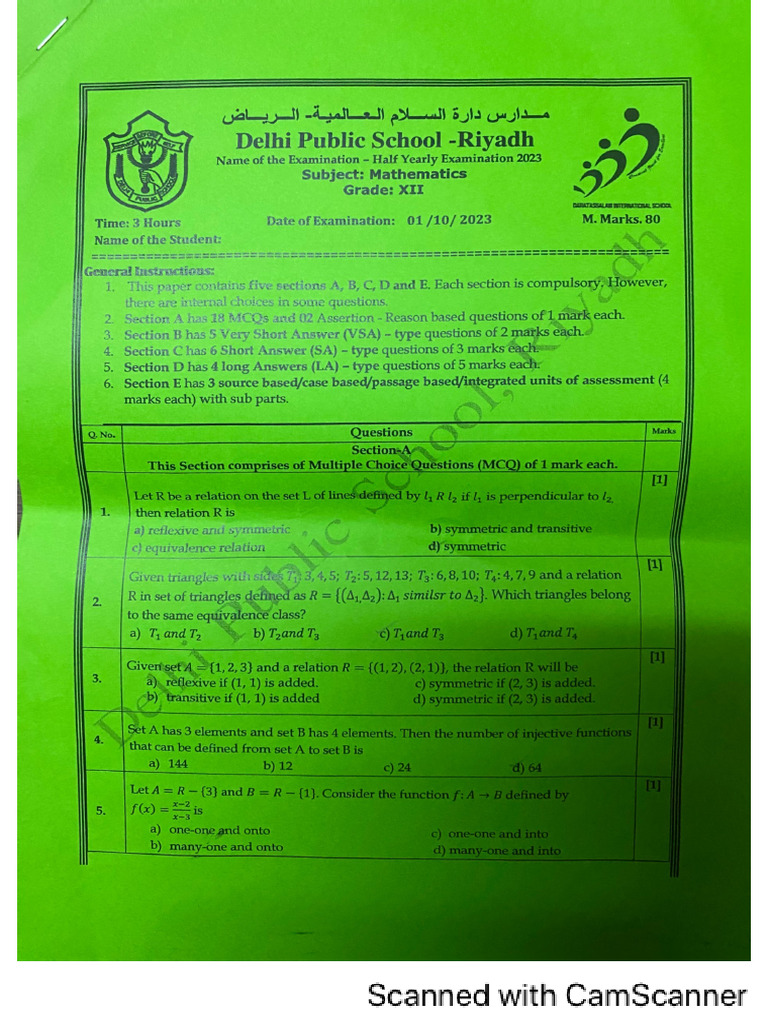 DPS XII Maths Halfyearly Paper | PDF